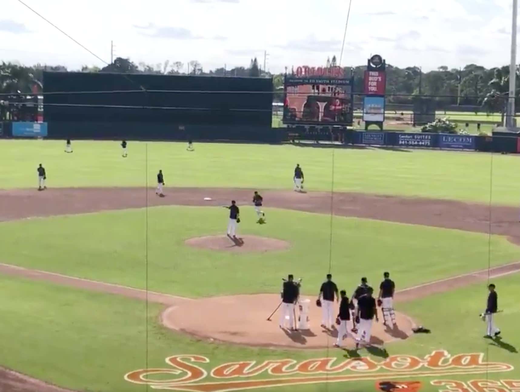The Orioles Blasting Fake Crowd Noise To Practice Catching Fly Balls ...