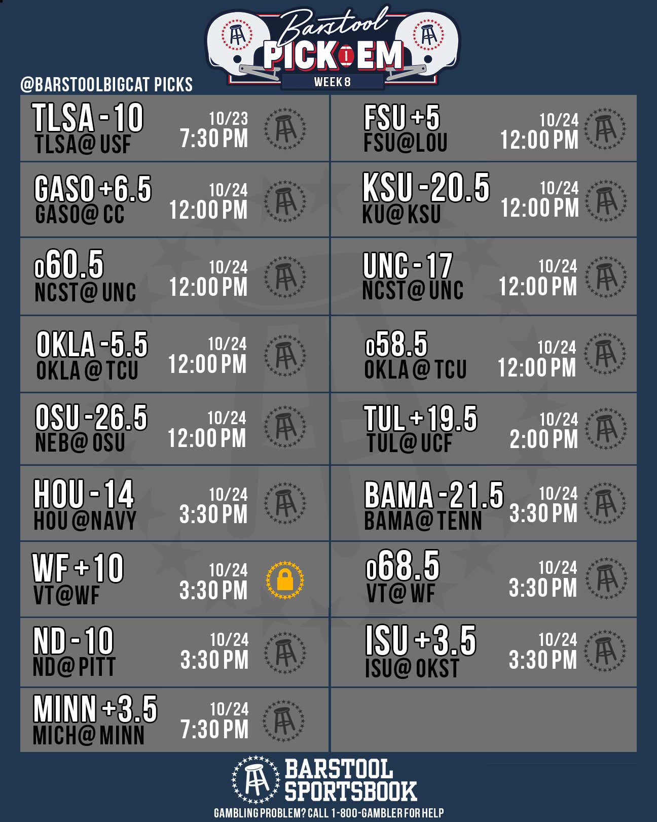 Big Cat's Week 8 Pick Em Card | Barstool Bets