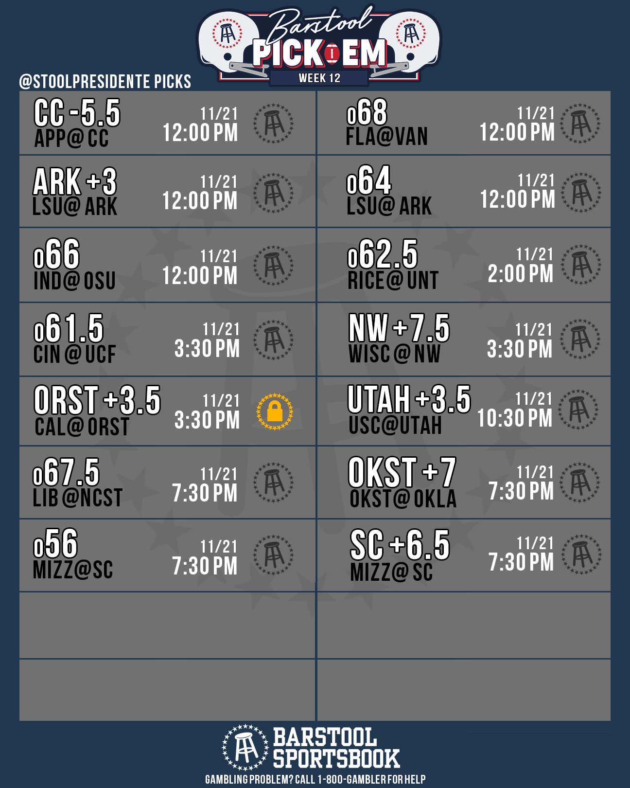 Dave's Week 12 Pick Em Card | Barstool Bets