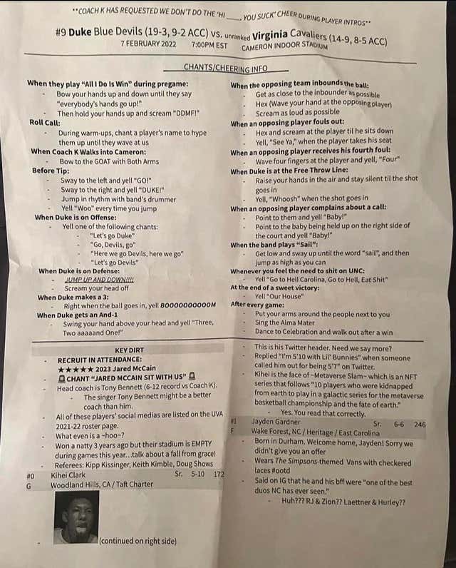 Duke's Student Section 'Cheer Sheet' Is the Most Cringe Thing You've ...