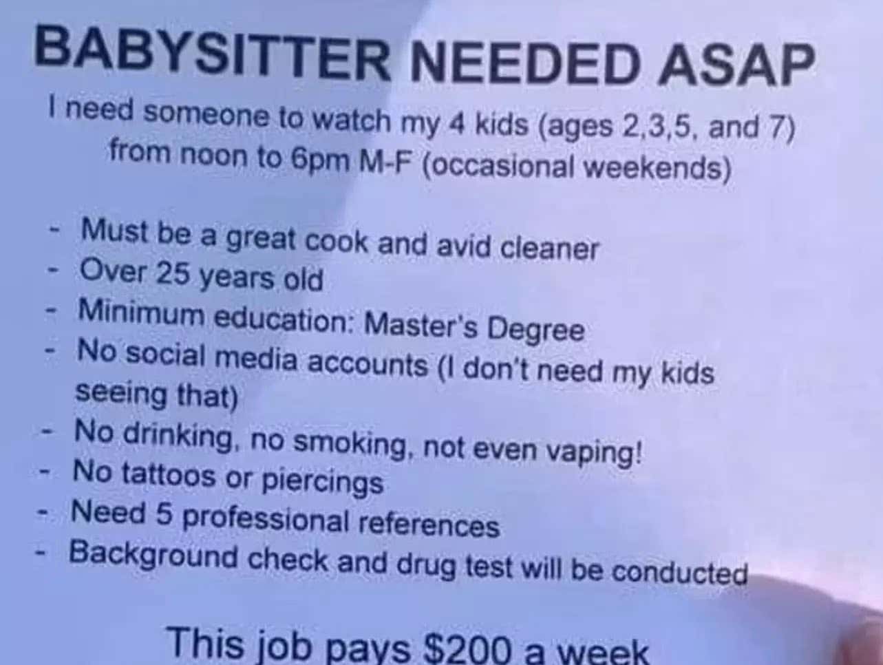 This Babysitter Ad That Is Paying $200 A Week To Take Care Of 4 Kids ...