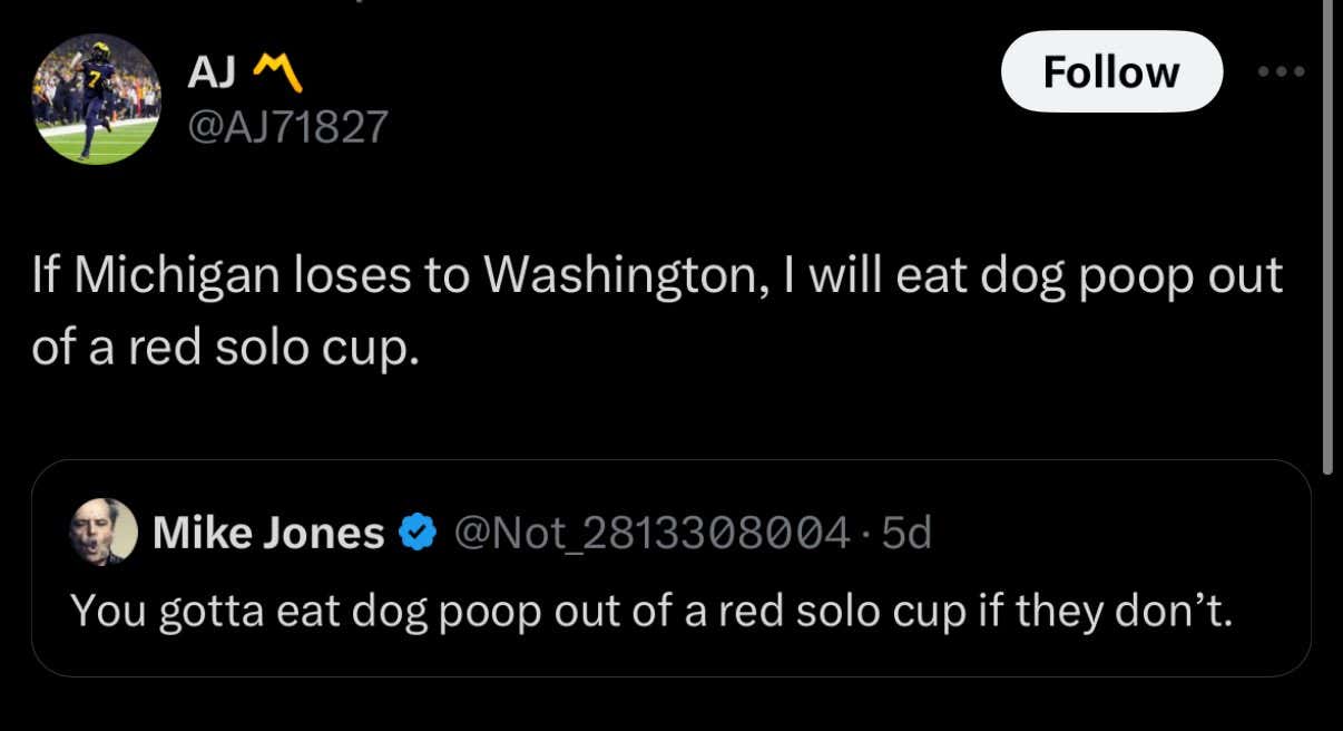 A Michigan Fan That Said He'd Eat Dog Poop If They Lost To Washington ...