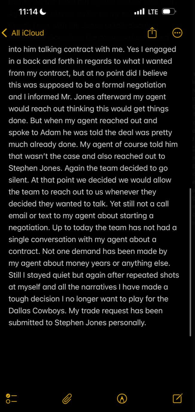 Micah Parsons Has Thanked Dallas And Notes App'd His Trade Request ...