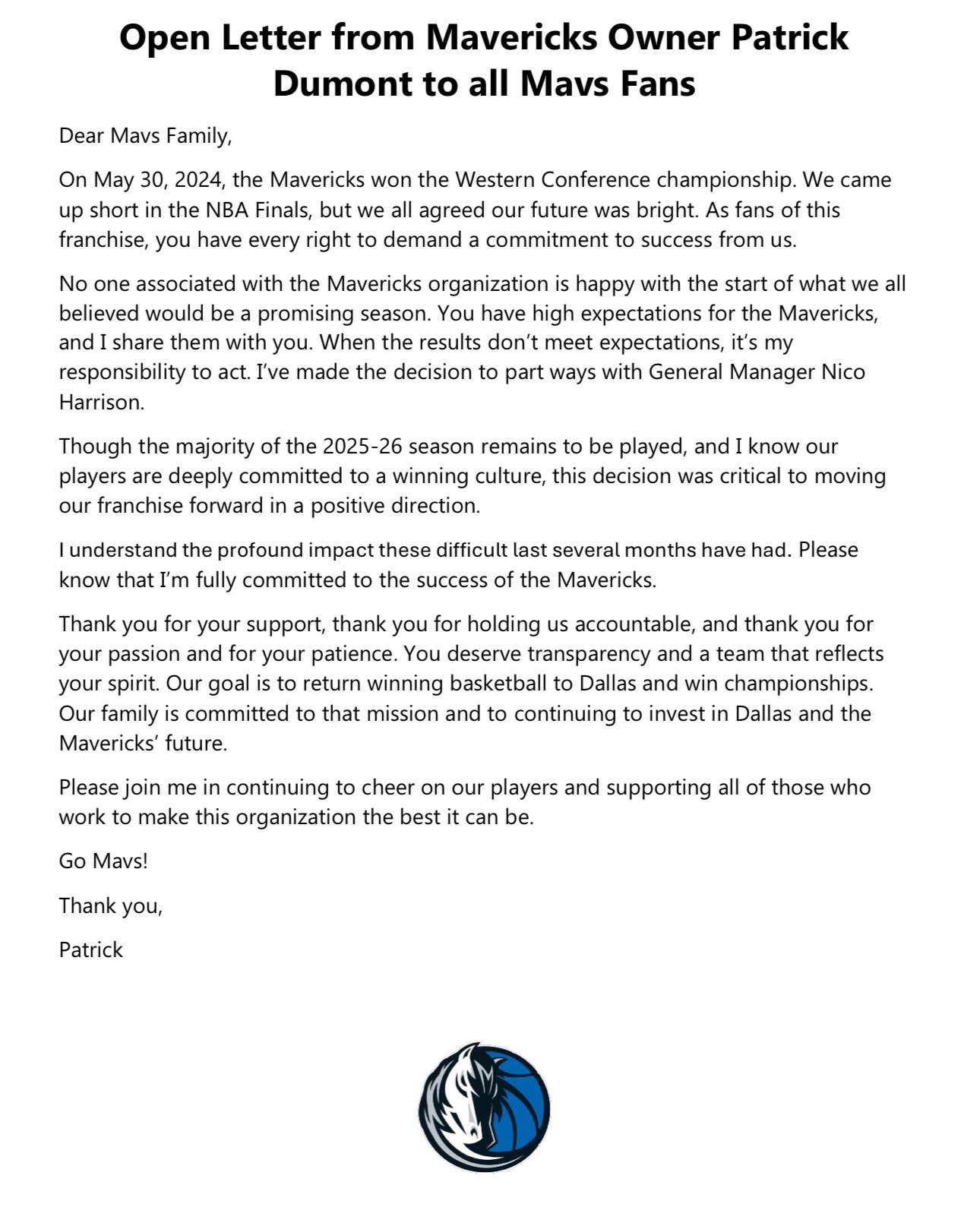 Mavericks Owner Patrick Dumont Released An Open Letter To Mavs Fans And ...